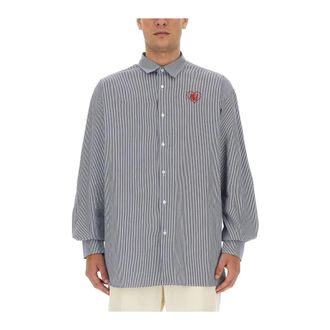 Family Fir$t Milano Gestreiftes Baumwoll-Popeline-Hemd mit besticktem Herz - - Shirts - Herren - Blau - XL