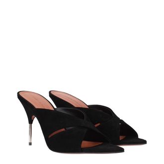 Amina Muaddi Womens Samantha Heel Slide Black Suede Upper Leather