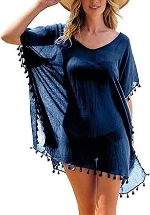 Generic V&ecirc;tement boh&egrave;me pour femme - Poncho de plage transparent - Robe de plage sexy - Caftan noir transparent - Robe de plage &agrave; manches courtes - Robe d&eacute;t&eacute; 