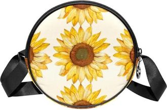 Generic Sac &agrave; bandouli&egrave;re rond pour femme, motif fleurs jaunes, petit sac &agrave; bandouli&egrave;re avec fermeture &eacute;clair, bretelles r&eacute;glables, sac &agrave; main rond d&eacute;contract