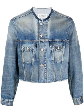 Maison Margiela veste en jean crop &agrave; design sans col - Bleu