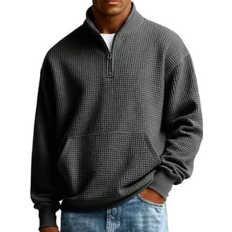 Generic Sweat-shirt gaufr&eacute; &agrave; manches longues avec fermeture &eacute;clair 1/4 pour homme, pull gaufr&eacute; d&eacute;contract&eacute; &agrave; manches longues avec poche, Noir, XXL