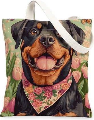 Generic Spring Rottweilers Sac fourre-tout en toile pour le shopping 33 x 38 cm, sac &agrave; bandouli&egrave;re r&eacute;utilisable pour femme, peinture danimaux domestiques, d&eacute;c
