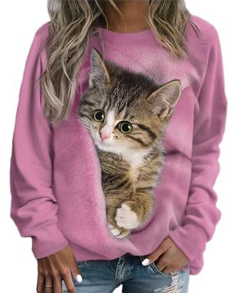 Onsoyours Pullover Damen Sweatshirt Herbst Winter Frauen Drucken Langarm Kapuzenpullover mit Katze Motiv Hemd Locker Casual Oberteil Bedruckte Tops Sweatshirts 