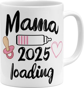 OM3 Mama Loading 2025 Kaffee-Tasse mit süßem Spruch - Lustige Schwangerschaftsverkündung für Mädchen Girl - Keramik Becher - 325ml - Beidseitig Bedruckt -