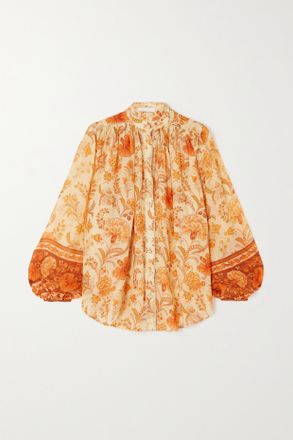 Zimmermann Junie Bluse Aus Ramie Mit Raffungen, Blumenprint Und Verzierungen - Creme