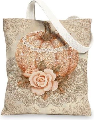 Generic Sacs fourre-tout vintage en toile, motif floral élégant, sacs dépicerie réutilisables, légers et lavables avec bandoulière, beige, 13x15 Inch