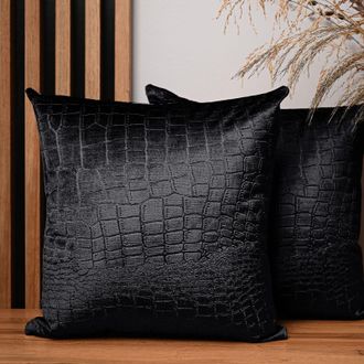 MG Design 2er Set Kissenbezüge 45 x 45 cm in Schwarz - mit Reißverschluss, strukturstark mit Kroko-Prägung, weich & pflegeleicht