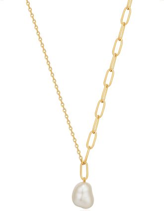 Ania Haie Damen Halskette PEARL OF WISDOM Chunky aus 925 Sterling Silber 14k vergoldet, besetzt mit einer S&uuml;&szlig;wasserperle, Federringverschluss, L&auml;nge 45cm + 5cm 