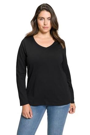 Ulla Popken T- Shirt Basique, col en V, Mince, Manches Longues, Noir, 48-50 Femme
