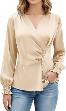 Generic Chemisier &agrave; manches longues pour femme - Chemisier en satin grande taille pour femme - Haut pliss&eacute; de luxe - Manches lanternes resserr&eacute;es - Chemisier 