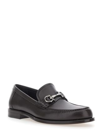 Ferragamo Mens Loafers With Gancini Detail, Brown Leather Calf