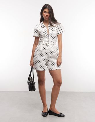 Liquor & Poker combishort en denim ceintur&eacute; &agrave; pois blancs