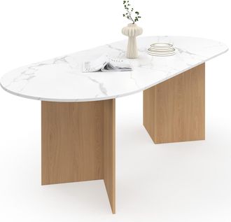 IDMarket Ausziehbarer ovaler Esstisch Marthe 6-10 Personen Platte aus wei&szlig;em Marmor Alaska und Holz in Buchenoptik 160-200 cm