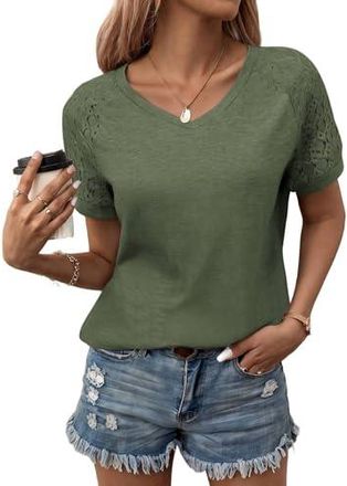 Zeagoo T-shirt à manches courtes et col en V pour femme - T-shirt basique ample décontracté - Chemisier dété en dentelle, vert foncé, XL