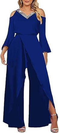 Generic Combinaison &eacute;l&eacute;gante pour femme - Combinaison festive - Combinaison &agrave; paillettes - Manches longues - Taille haute - Combinaison classique - Col en V -