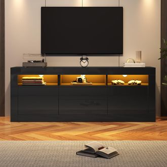 Generic TV Lowboard 160 cm hochglanzschwarz mit LED Beleuchtung 3 offene F&auml;cher 2 T&uuml;ren 2 Push-to-Open Schubladen Kabelmanagement Wohnzimmer Gaming Media Kons