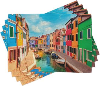 Abakuhaus Venedig Platzmatten, Bunter Gebäude-und Wasser-Kanal mit Booten Burano Island in der venetianischen Lagune, Tiscjdeco aus Farbfesten Stoff für das Ess