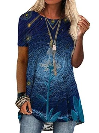 ORANDESIGNE T-Shirt Long Femme &agrave; Manche Courte T-Shirt Col Rond Blouse Et&eacute; Ample Casual Tops Imprim&eacute; Ethnique Color&eacute;es Tee Shirt Mode Tops T-Shirt L&acirc;che Haut Long