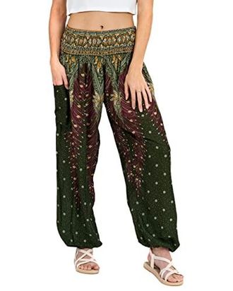 Lofbaz Femmes Paon Impression Smocked Taille Harem Pantalon Vert XL