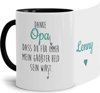 Tassendruck Tasse mit Spruch - Danke Opa mein Held - Keramiktasse zum selbst Beschriften - Geschenk für Opa - Innen & Henkel Schwarz, 300 ml