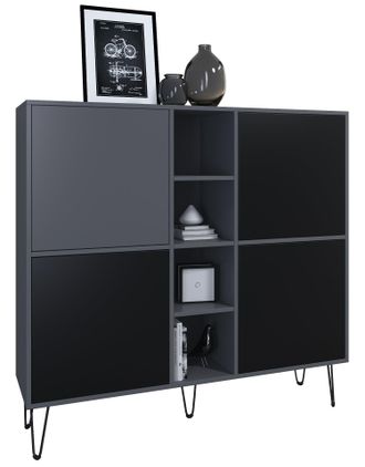 Vladon Highboard Havana V3, Kommode mit 4 Türen und 4 offene Fächer, Kommode Made in Germany, Anthrazit matt/Schwarz matt (130,5 x 124 x 35 cm)