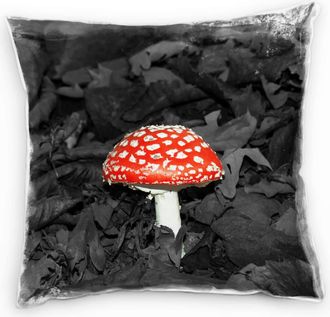 Paul Sinus Art Natur, Fliegenpilz im Laub, grau, rot, wei&szlig; Deko Kissen 40x40cm f&uuml;r Couch Sofa Lounge Zierkissen - Dekoration zum Wohlf&uuml;hlen
