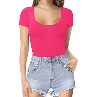 Generic Combishort Femme- Combinaison-Pyjama Sexy &agrave; Manches Courtes Et Col Rond Couleur Unie Basique