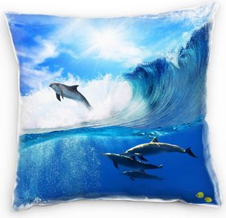 Paul Sinus Art Tiere, blau, Delfine, Meer, Wellen Deko Kissen 40x40cm für Couch Sofa Lounge Zierkissen - Dekoration zum Wohlfühlen