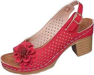 Generic Sandales habill&eacute;es &agrave; talon carr&eacute; avec boucle pour femme, chaussures compens&eacute;es, bride arri&egrave;re basse, bout ouvert, talons &eacute;pais pour le quotidien, Roug