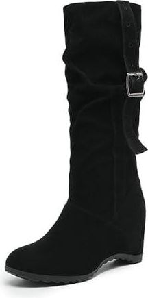 Generic Bottes déquitation mi-mollet à talon compensé caché pour femme - Confortables - Bout rond - Chaussures dhiver rétro, Noir, 37.5 EU