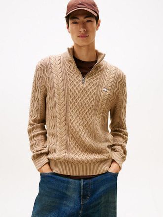 Tommy Jeans Strickpullover Troyer-Kragen mit Rei&szlig;verschluss, slim fit, Zopfstrick-Muster