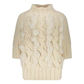 Lorena Antoniazzi Gerippter Rollkragenpullover mit Pelzeins&auml;tzen - - Knitwear - Damen - Beige - S