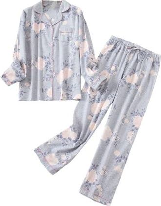 Generic Ensemble de pyjama boutonn&eacute; en flanelle pour femme, ensemble de pyjama en coton bross&eacute;, v&ecirc;tements de nuit en flanelle &agrave; manches longues, haut boutonn&eacute;