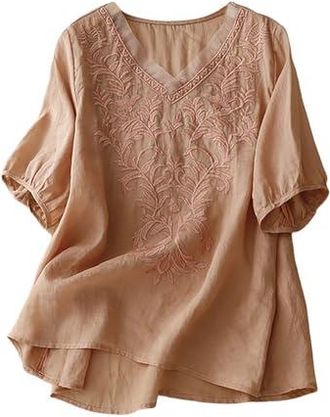 Generic Tunique en coton et lin pour femme, haut &agrave; manches 3/4 en lin pour femme, chemisiers d&eacute;t&eacute; brod&eacute;s, haut boh&egrave;me floral, t-shirt &eacute;l&eacute;gant, grande taille, 