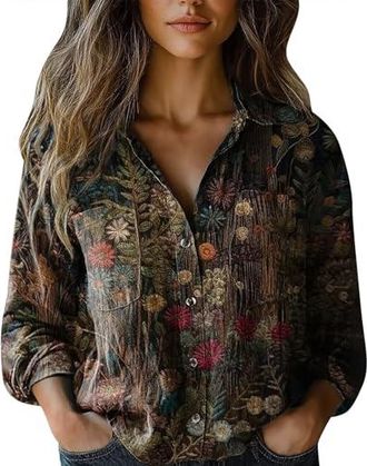 Generico Chemise Femme d&Eacute;t&eacute; Curvy &agrave; Manches Longues T Shirt Coton Et Lin D&eacute;contract&eacute; Respirant Blouse Col en V Doux Chemisier Vintage Imprim&eacute; avec Boutons Mode