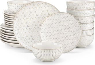 Malacasa Geschirrset f&uuml;r 8 Personen, 24 tlg Steingut Geschirr Handmade mit Teller set, Dessertteller, Tafelservice Modern Mit Relief, Serie LYDIA Beige