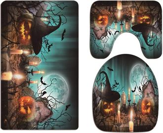 A.Monamour Badezimmer Badematte 3 Teilig Set Halloween Kürbisse Auf Hölzernen Planken Urlaub Dekor Wc Deckel Deckt Bad Matte Teppich Flanell Saugfähig Badteppich