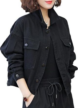Generic Veste en jean surdimensionn&eacute;e &agrave; manches longues avec poches plaqu&eacute;es pour femme, Noir, XXL