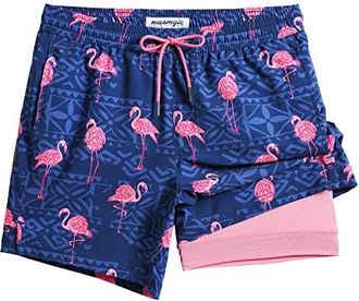 Maamgic Short de Bain Homme Maillot 2-in-1 Séchage Rapide Slip Doublure pour Vacances sur la Plage Sport Surf 5.5,Flamant Bleu Foncé,XXL