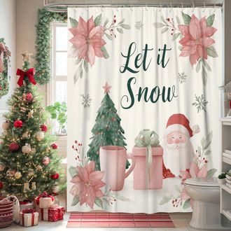 Generic Duschvorhang, Weihnachtsmann, extra lang, Weihnachtsstern, Weihnachtsbaum, Winter, waschbar, mit Haken, Badewannentuch, Vorhänge, Dekoration für Badez