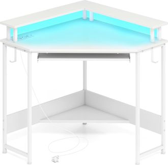 Giantex Eckschreibtisch, L-förmiger Computertisch mit mehrfarbiger LED & Ladestation, Schreibtisch mit Monitorständer & verstellbare Tastaturablage, Arbeitsti