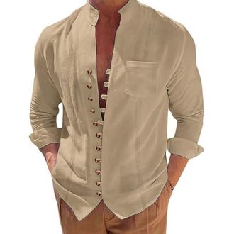 Generic Chemise d&eacute;t&eacute; en coton et lin pour homme - Printemps et automne - Chemise d&eacute;contract&eacute;e &agrave; col montant - Chemise &agrave; manches longues - Chemise en coton pou