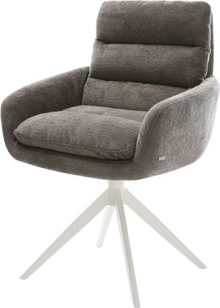 DELIFE Esszimmerstuhl Abelia-Flex mit Armlehnen Kreuzgestell breit Weiß Bouclé Soft Schlamm 360° drehbar Wippfunktion