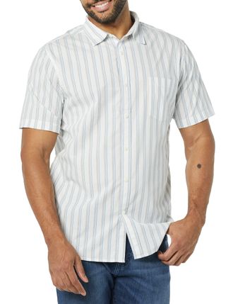 Amazon Essentials Herren Kurzärmeliges Hemd aus Popeline, Schmale Passform, Blau Grau Weiß Streifen, XXL