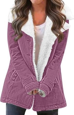 Generic Veste dhiver chaude en polaire Sherpa doubl&eacute;e de grande taille avec revers boutonn&eacute;, manteau dext&eacute;rieur en composite tendance pour femme, violet fonc&eacute;