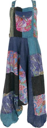 Guru Shop Unikat Patchwork Boho Latzhose, Bunter Jumpsuit, Overall - Blau, Damen, Baumwolle, Size:L/XL