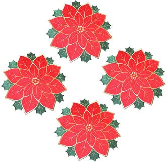 Valiclud 4 Stück Weihnachtliche Tischsets mit Besticktem Poinsettia Große Rote Leinen Platzsets mit Wärmeisolierung Dekorative Esstisch Unterlagen für Festlich