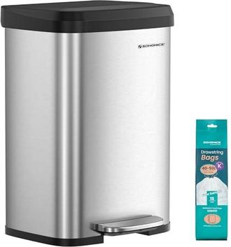 Songmics ULTB530E50 Küchenabfalleimer, Edelstahl, mit offenem Deckel und Trittpedal, Softverschluss, hoch, groß und platzsparend, silberfarben/schwarz