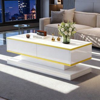 Generic 100*50*38cm Hochglanz-Couchtisch,Sofatisch mit 2 großen Schubladen, einzigartiger Wohnzimmertisch, warmweiß + goldener Rand kaffeetisch,Beistelltisch 